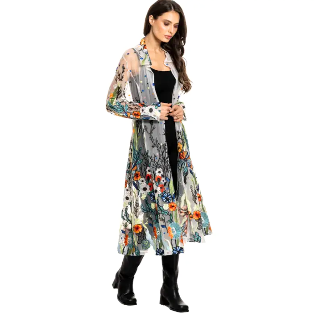 Long Floral Embroidered Duster | Lana's Boutique